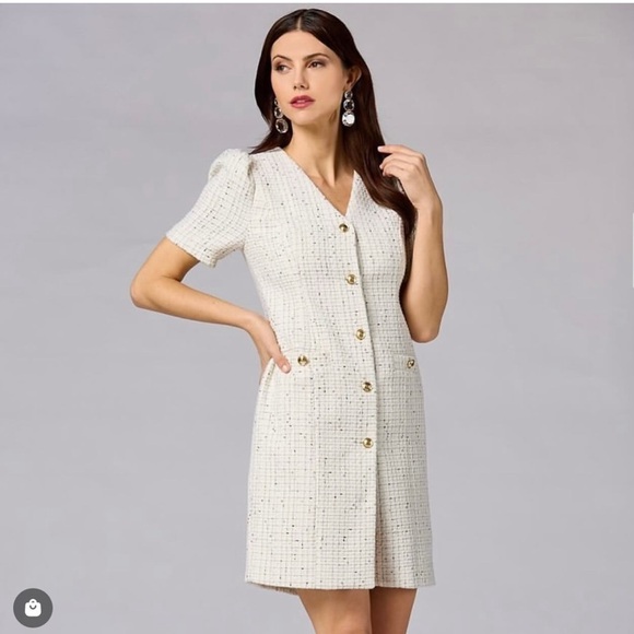 Cache | Dresses | Cache Cream Tweed Mini Dress With Gold Accents | Poshmark